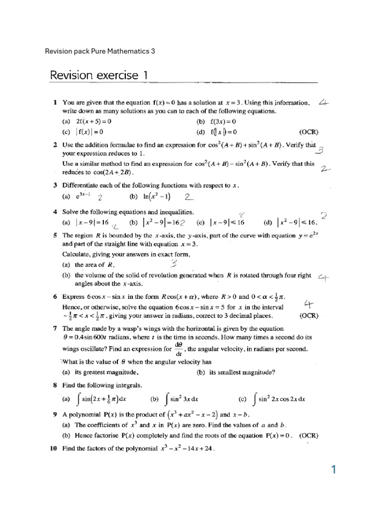 Revision Pack Pure Mathematics 3 | PDF