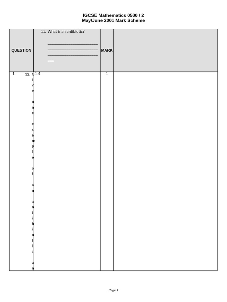 IGCSE Math Mark Scheme 2001 | PDF | Mathematics