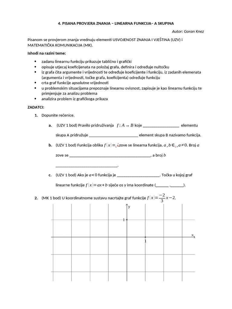 PISANA PROVJERA ZNANJA - LINEARNA FUNKCIJA - 1. Inačica - 2 Skupine | PDF