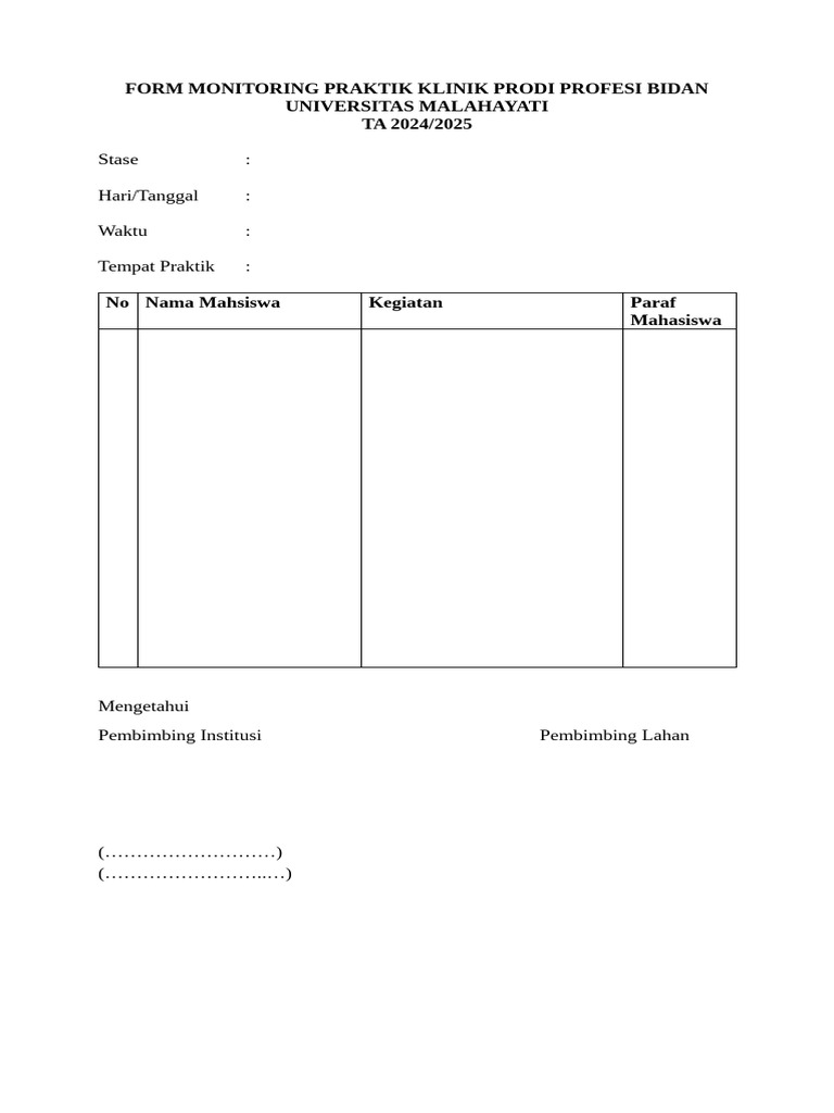 Form Monitoring Praktik Klinik Prodi Profesi Bidan Universitas ...