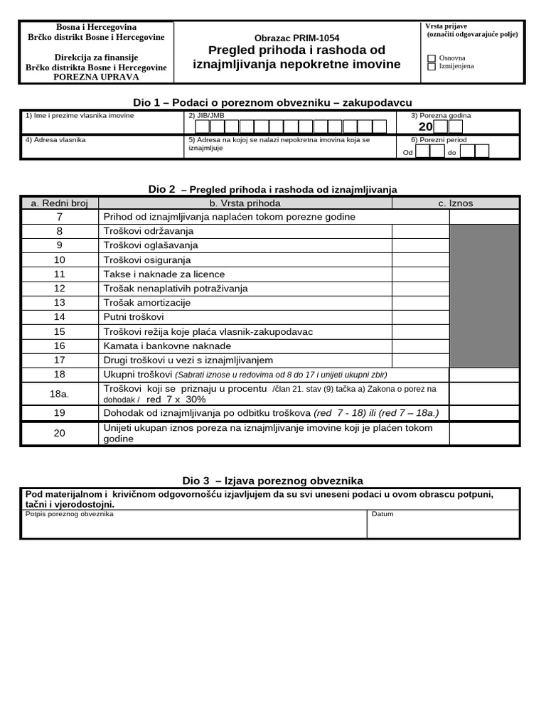 Obrazac PRIM-1054 - BH | PDF