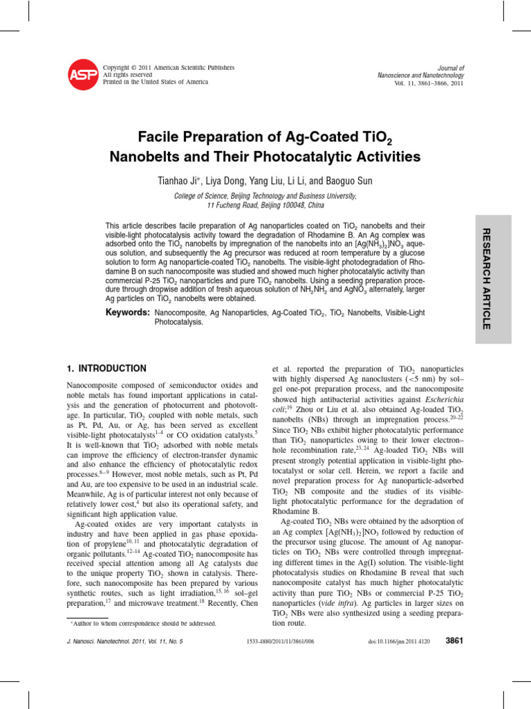 Facile Preparation of Ag-Coated TiO2 | PDF | Nanoparticle | Applied And ...