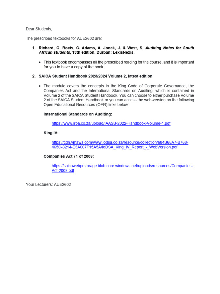 AUE2602 Course Textbook Requirements | PDF