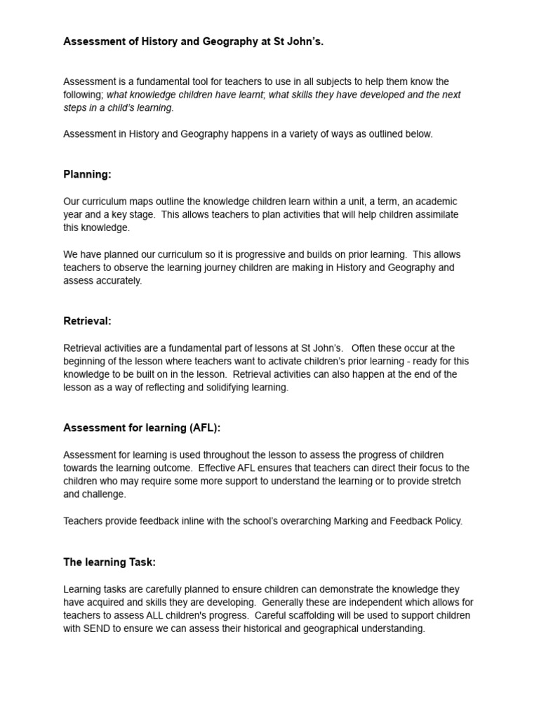 Assessment of History and Geography at ST John's | PDF | Learning ...