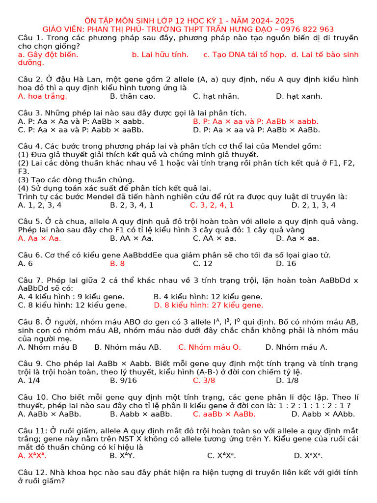 ôn tập sinh 12 hk1 | PDF