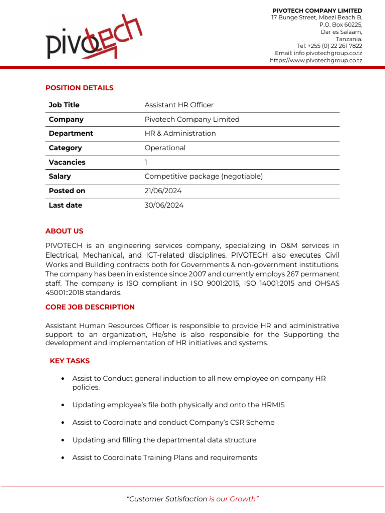 PIVOTECH - Job Profile- Assistant HR Officer 2024 | PDF | Employment | Labor