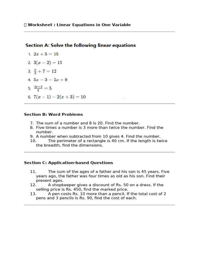 Worksheet - 2_Linear Equations in One Variable | PDF | Length ...