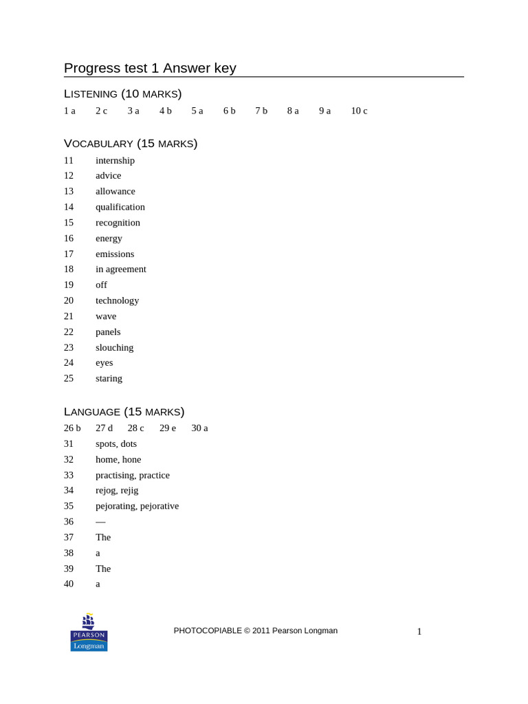 Progress test 1 Answer key | PDF