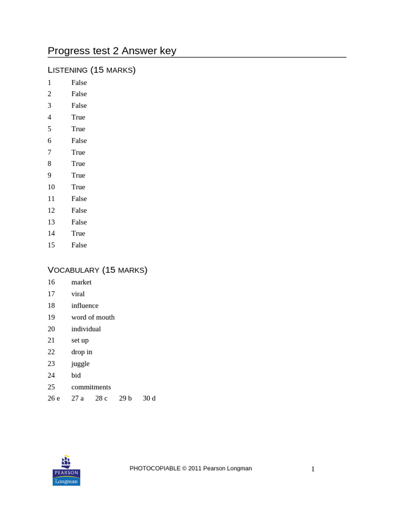 Progress Test 2 Answer Key | PDF