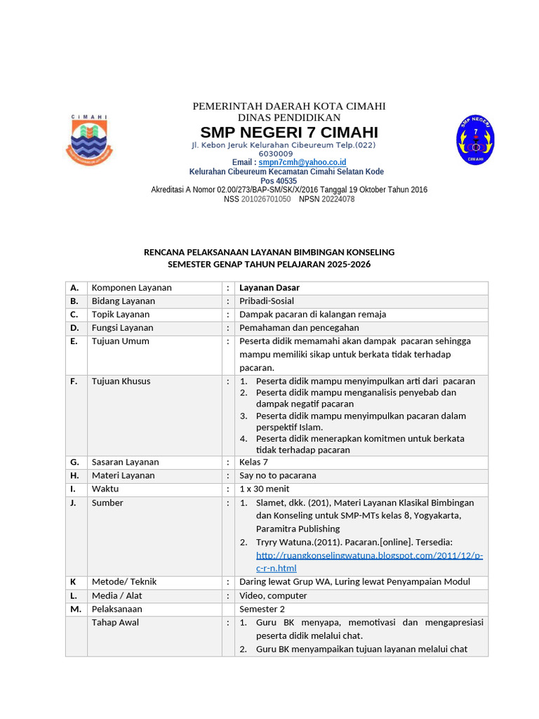Rencana Layanan Bimbingan: Say No to Pacaran | PDF