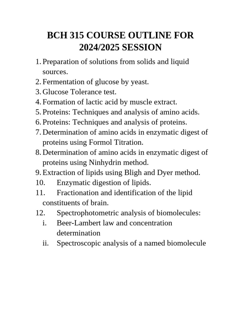 BCH 315 Course Schedule 2024-25 Session | PDF