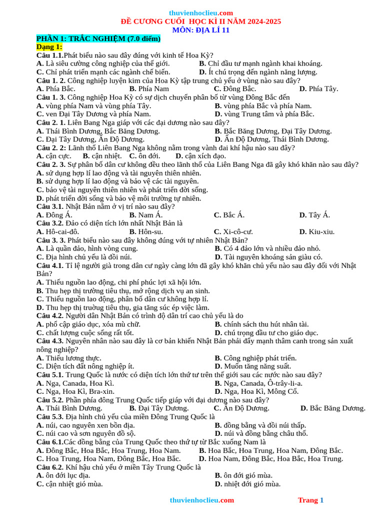 De Cuong On Tap hk2 Dia Li 11 Canh Dieu 24 25 | PDF