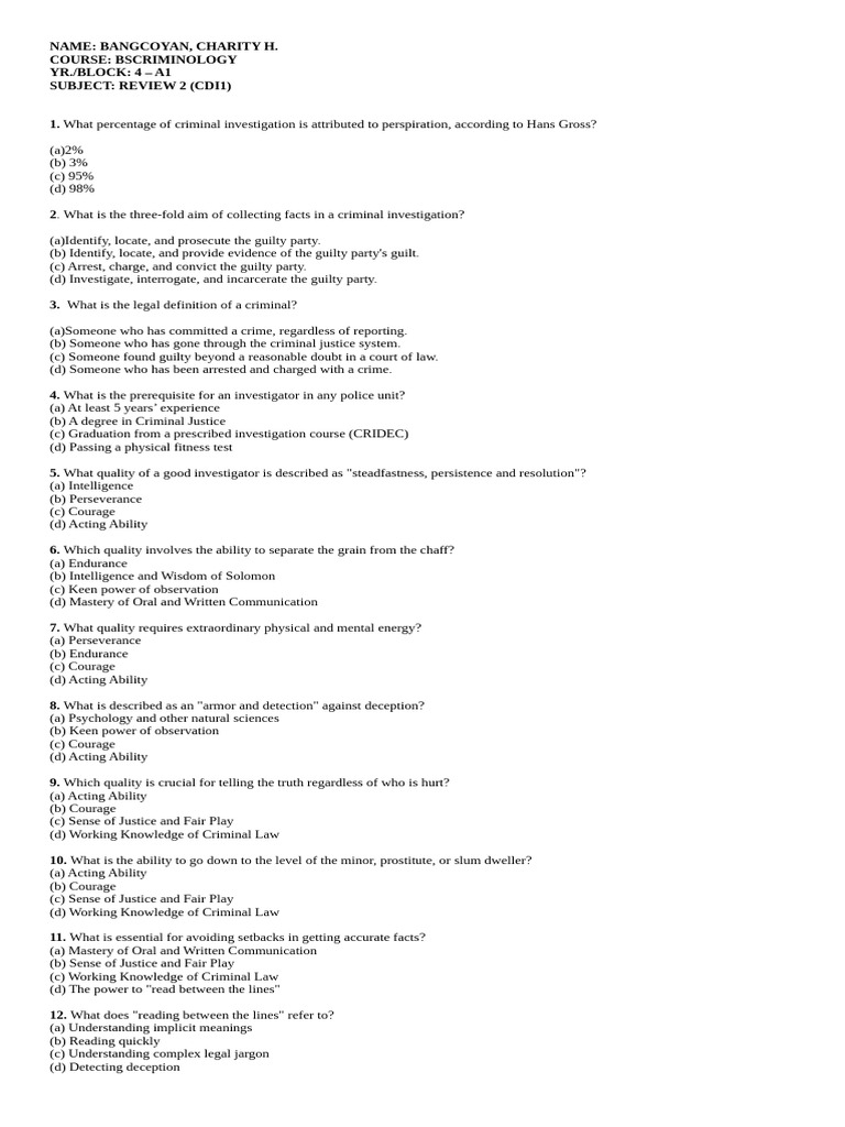 Criminal Investigation Review Questions | PDF | Noun | Adverb