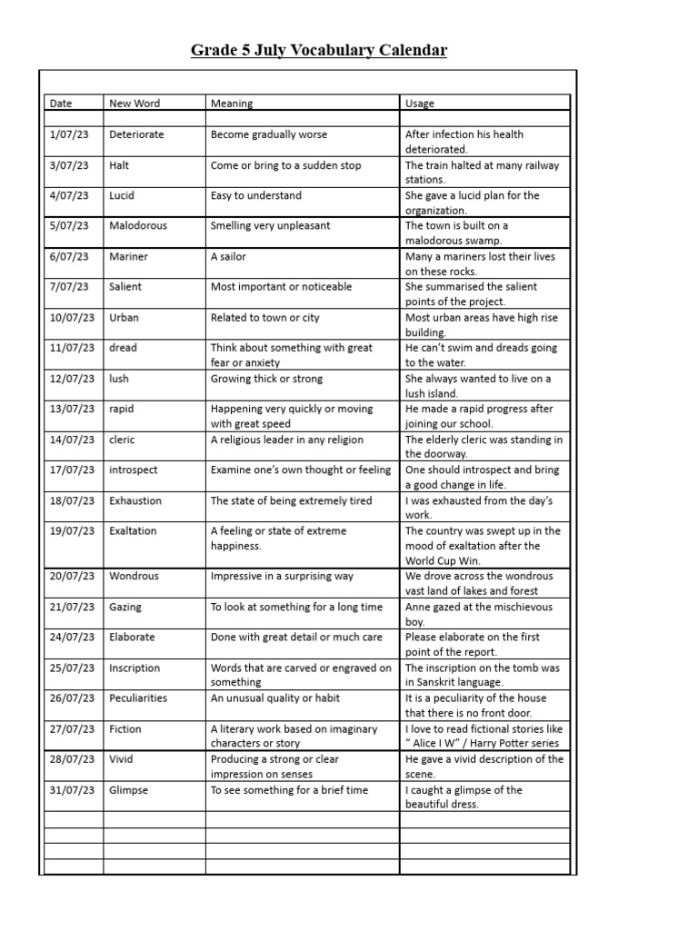 Gr 5 July Vocabulary Calendar | PDF