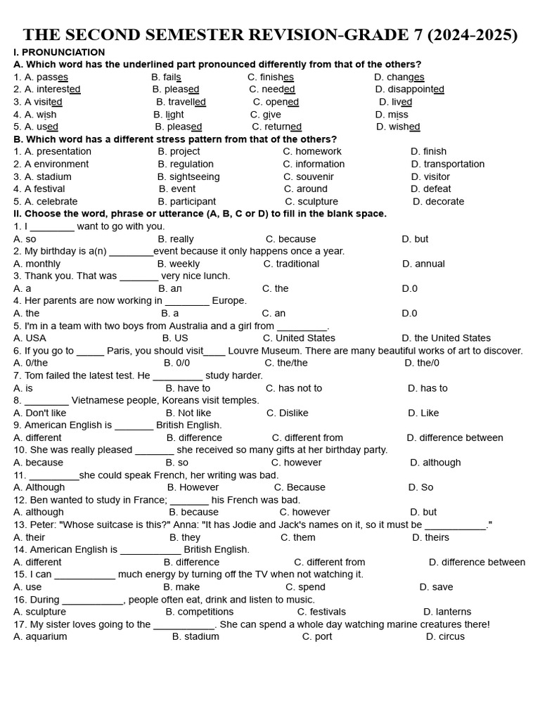 The Second Semester Revision-Grade 7 (2024-2025) | PDF