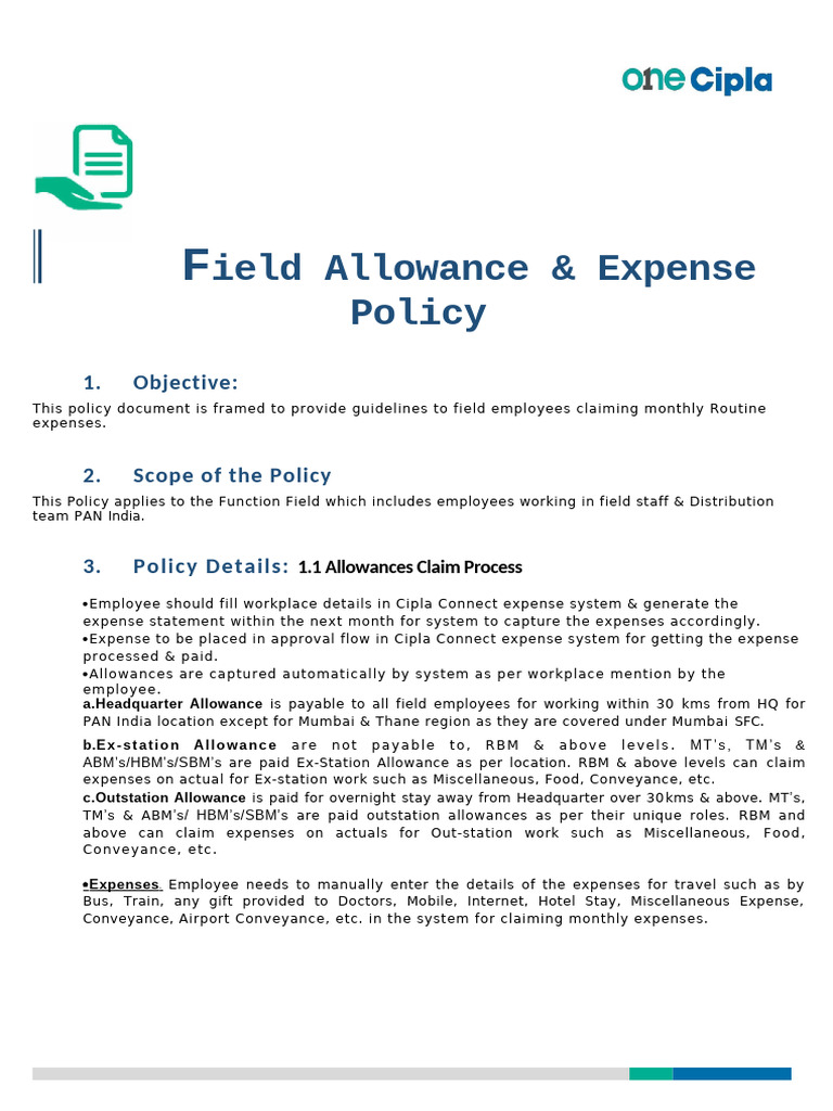 Field Allowance and Expense Policy | PDF | Expense
