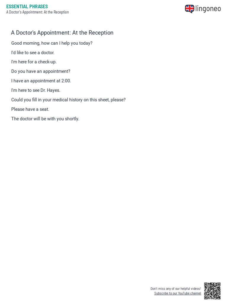 A Doctors Appointment - at The Reception - Phrases List | PDF