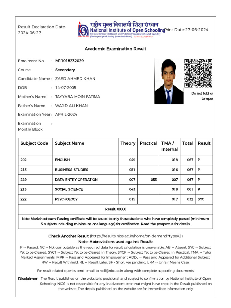 Result - National Institute of Open Schooling | PDF