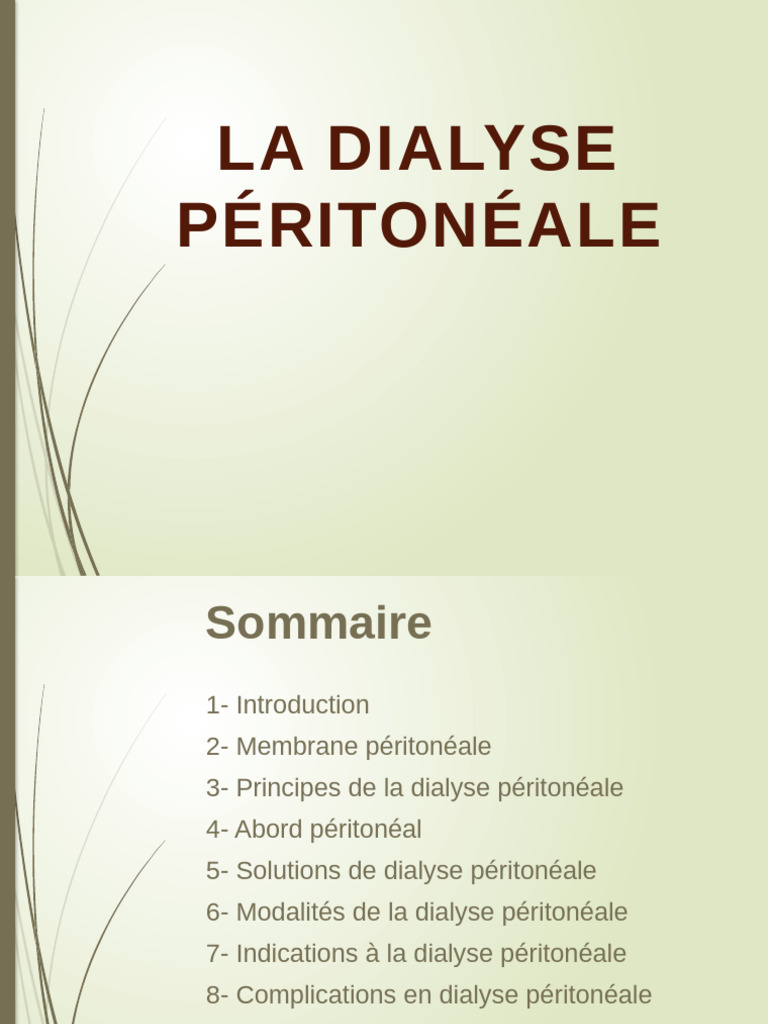 Indications et principes de la dialyse péritonéale | PDF | Péritoine ...
