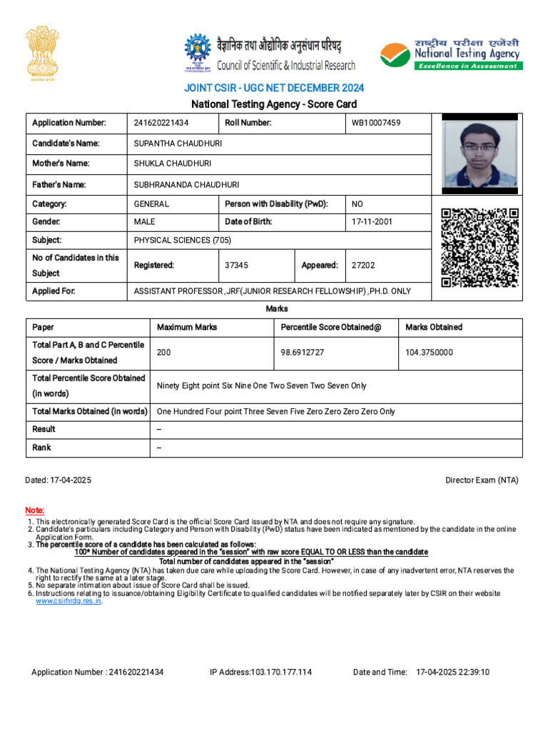 CSIR-UGC NET December 2024 Score Card | PDF | Qualifications