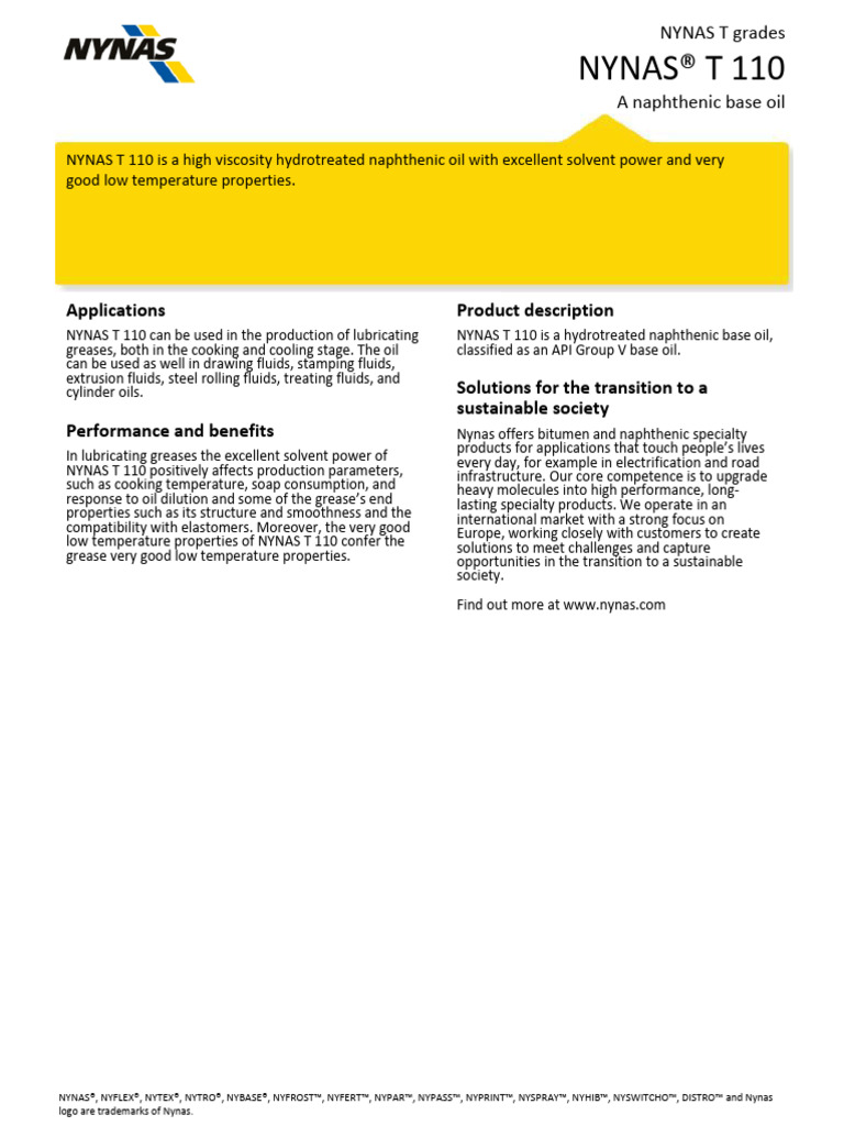 Nynas T 110 Naphthenic Base Oil Overview | PDF | Viscosity | Chemical ...