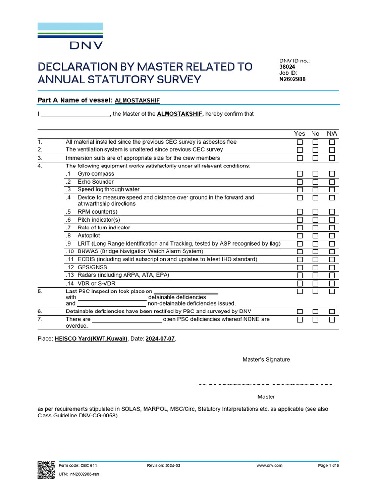Declaration by Master Related To Annual Statutory Survey | PDF | Foam
