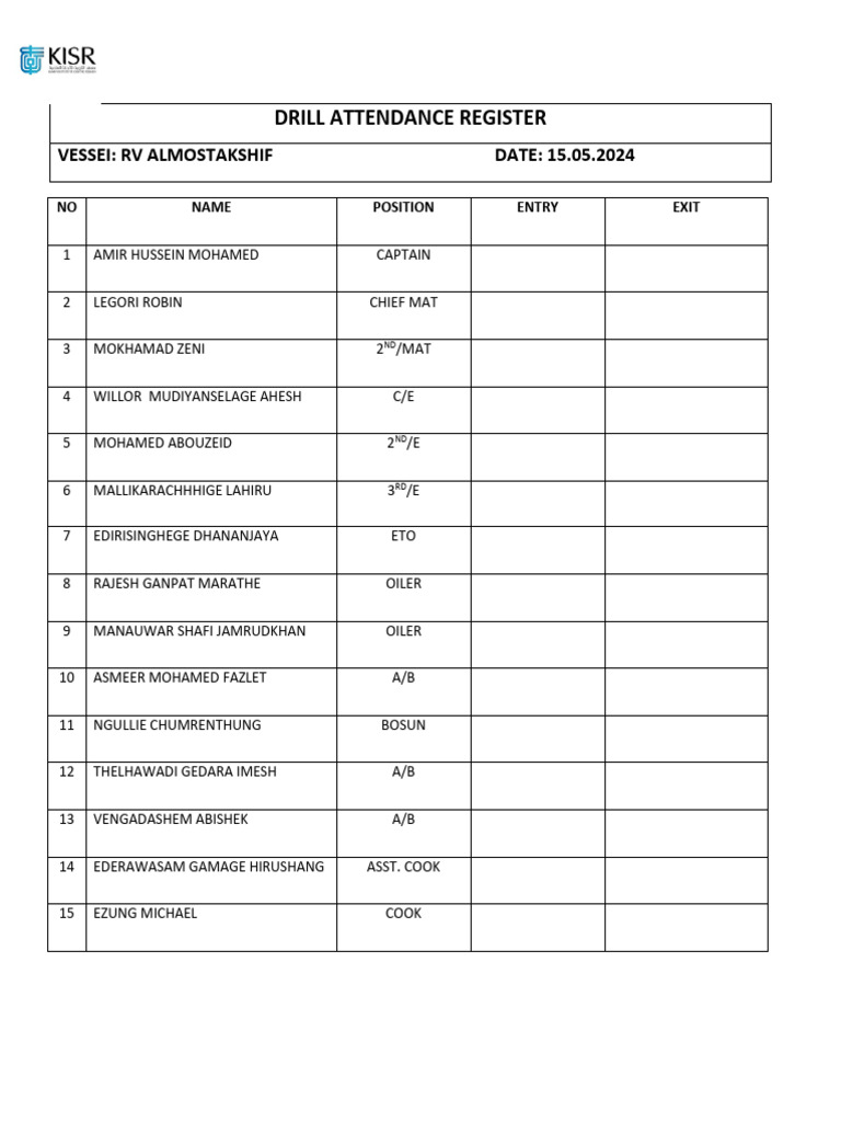Dril Attendance Register - 15.05 | PDF