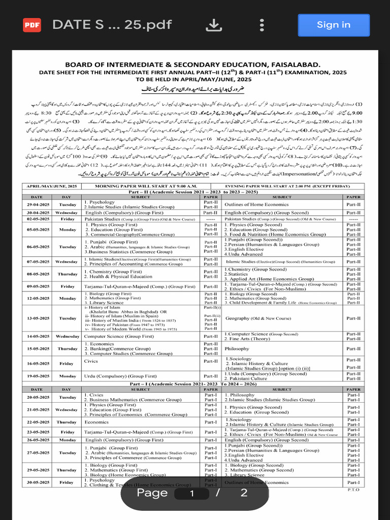 Date Sheet for the Intermediate First Annual Part–II (12th) & Part-i ...