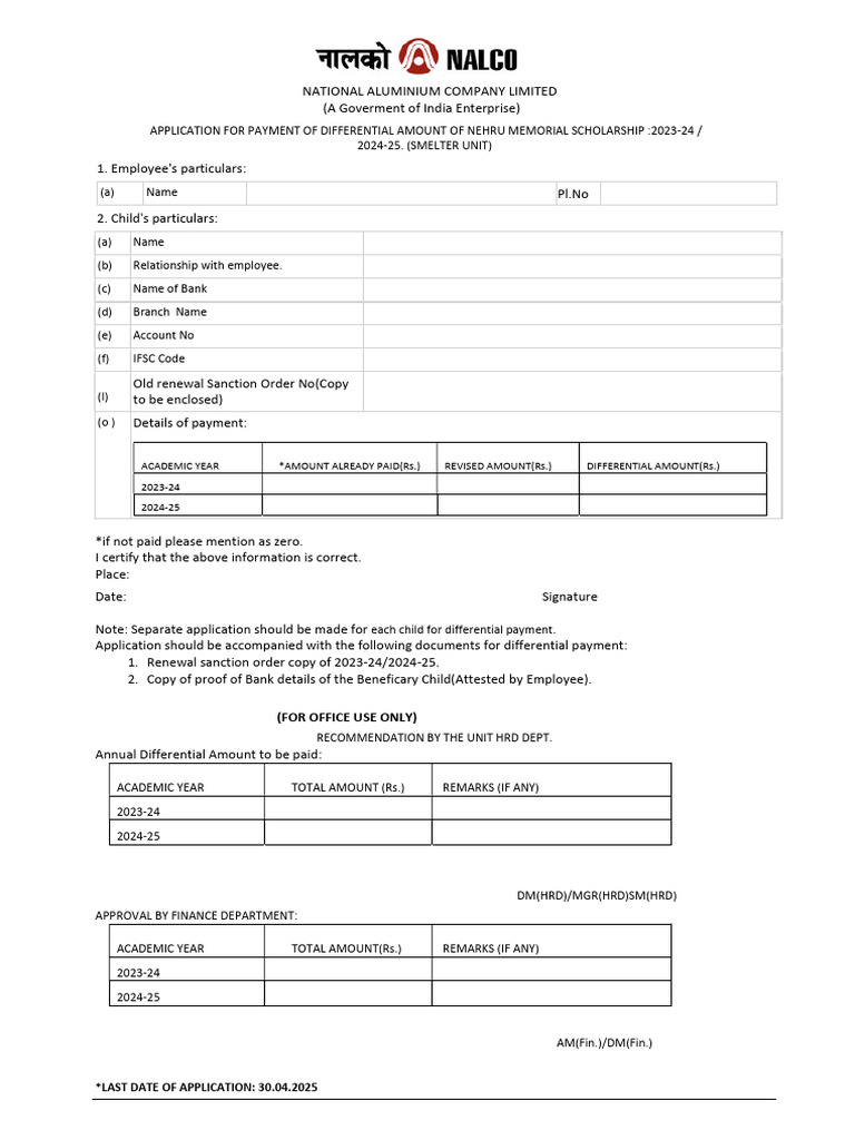 Nehru Memorial Schlaorship - Application Forms For Claming Differential ...