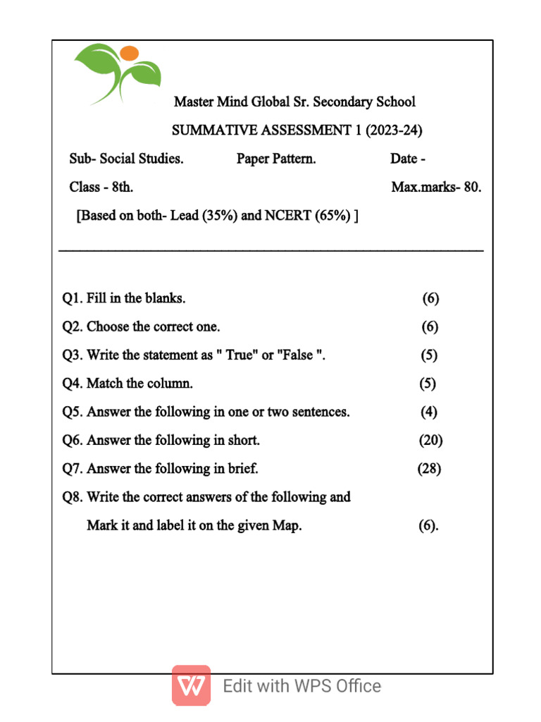 8TH SA -1 SST Paper Pattern | PDF