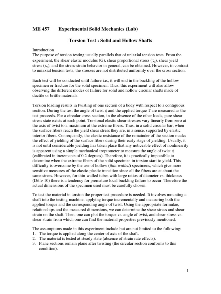 ME 457 Experimental Solid Mechanics (Lab) Torsion Test: Solid and ...