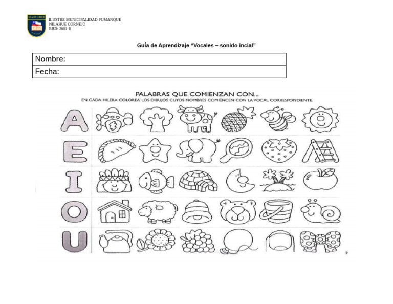 Guía de Aprendizaje Las Vocales Sonido Inicial | PDF