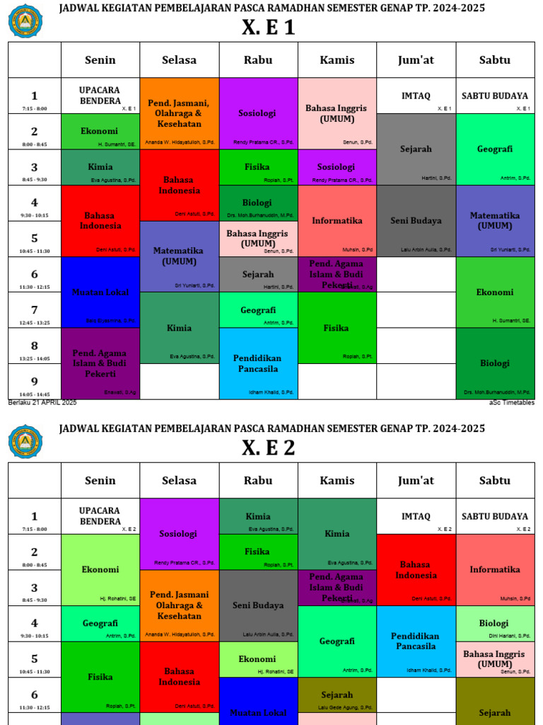 Jadwal Kelas Genap Tp.2024-2025 Berlaku 21 April 2025 | PDF