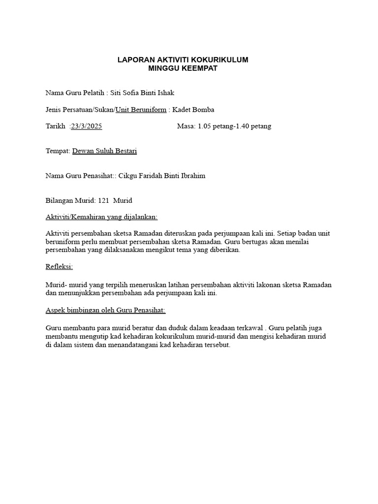 Laporan Aktiviti Kokurikulum Minggu 4 | PDF