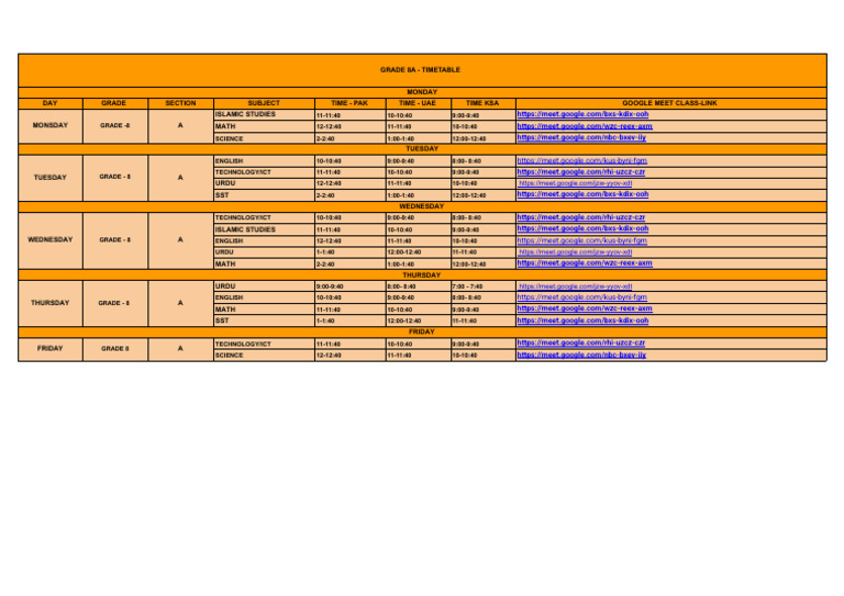 Class Timetable - April 2025 - Grade 8a | PDF