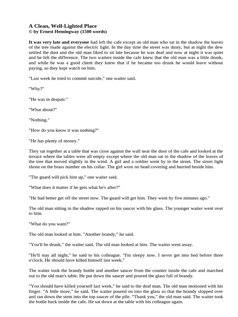 Hemingway's "A Clean, Well-Lighted Place" | PDF | Waiting Staff