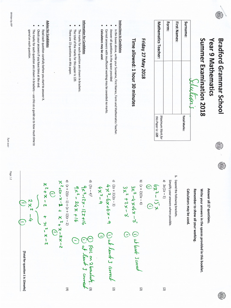 Y9 Summer Exam 2018 Solutions | PDF