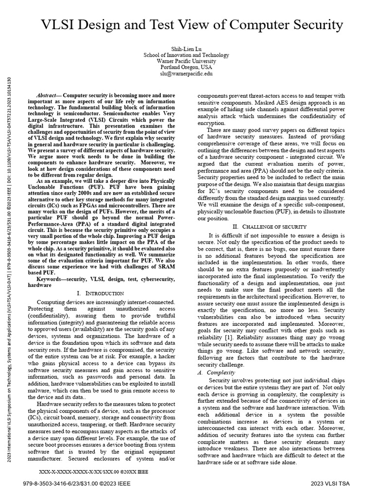 VLSI Design and Test View of Computer Security | PDF | Computer ...