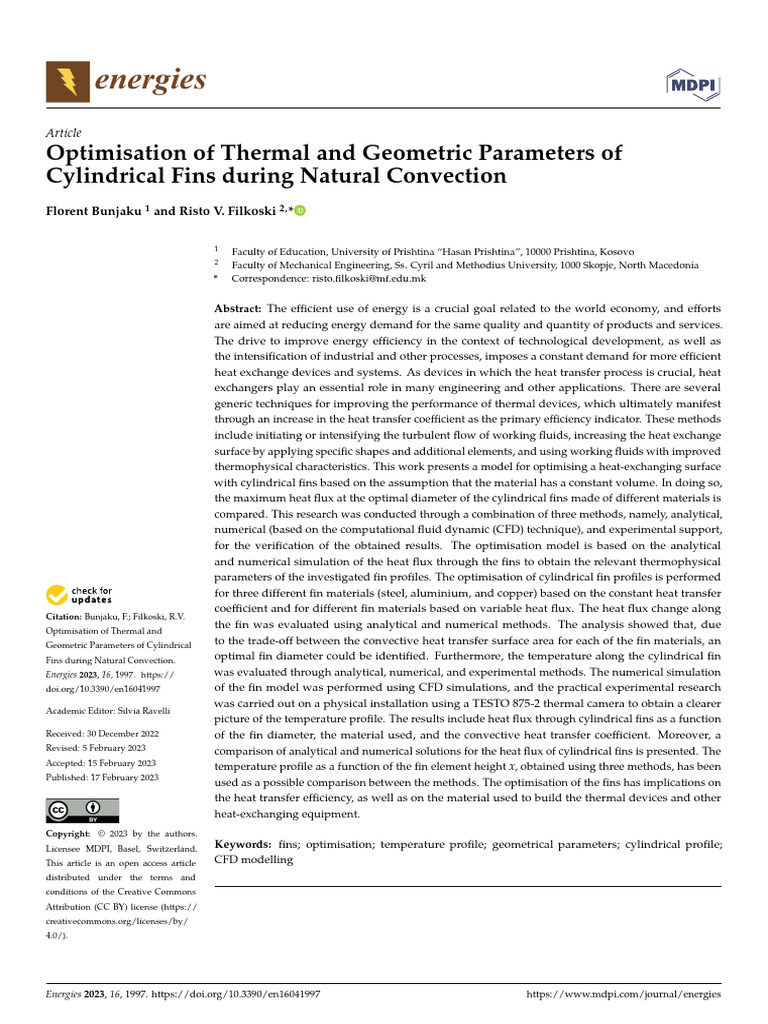 Optimisation of Thermal and Geometric Parameters of Cylindrical Fins During Natural Convection ...