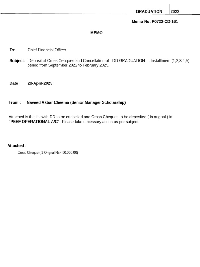 Graduation 2022 Memo No: P0722-CD-161 Memo: Cross Cheque (1 Orignal Rs 90,000.00) | PDF