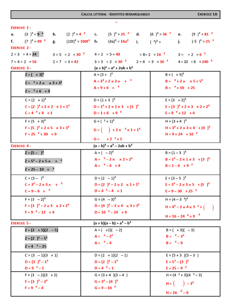 Developpements Identites Remarquables Corriges D Exercices 1 | PDF