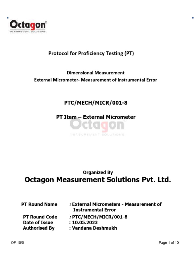External Micrometer PT Protocol | PDF | Calibration | Uncertainty