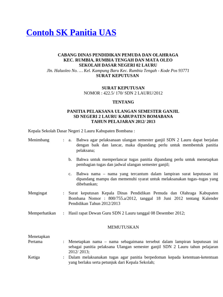 Contoh SK Panitia UAS Pak Zet | PDF