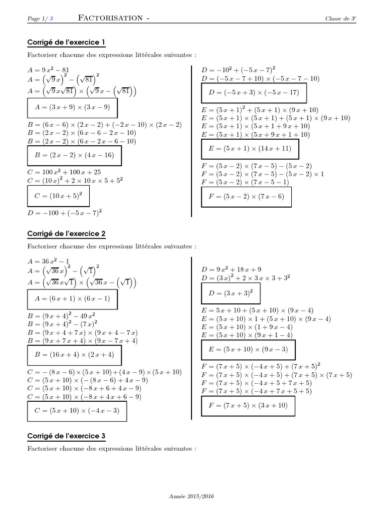 factorisation-corrige-serie-d-exercices-3 | PDF