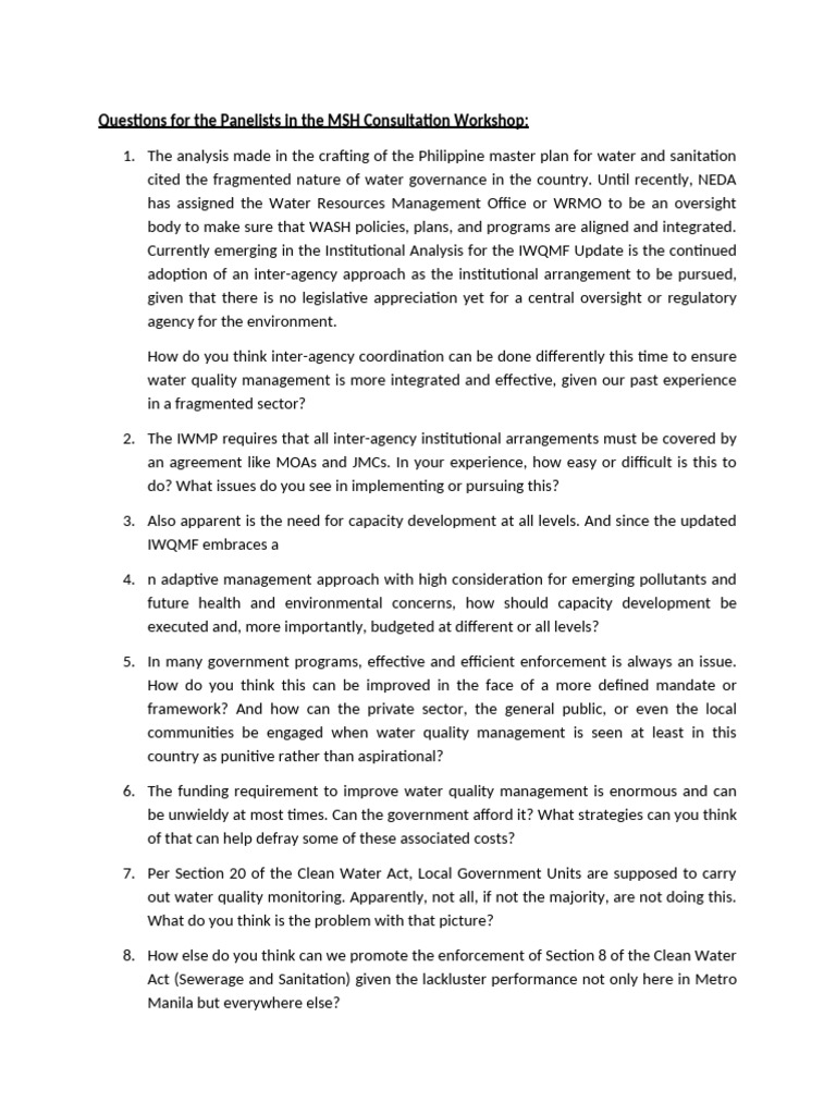 Questions For The Panelists in The MSH Consultation | PDF | Wash ...