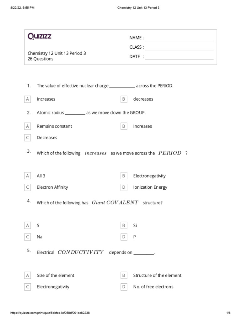 Chemistry 12 Unit 13 Quiz Questions | PDF | Salt (Chemistry) | Acid