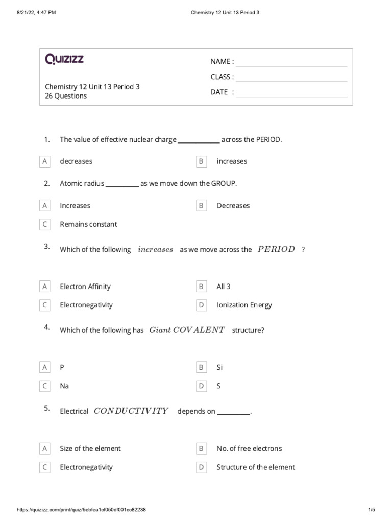 Chemistry 12 Unit 13 Period 3 | PDF | Salt (Chemistry) | Atoms