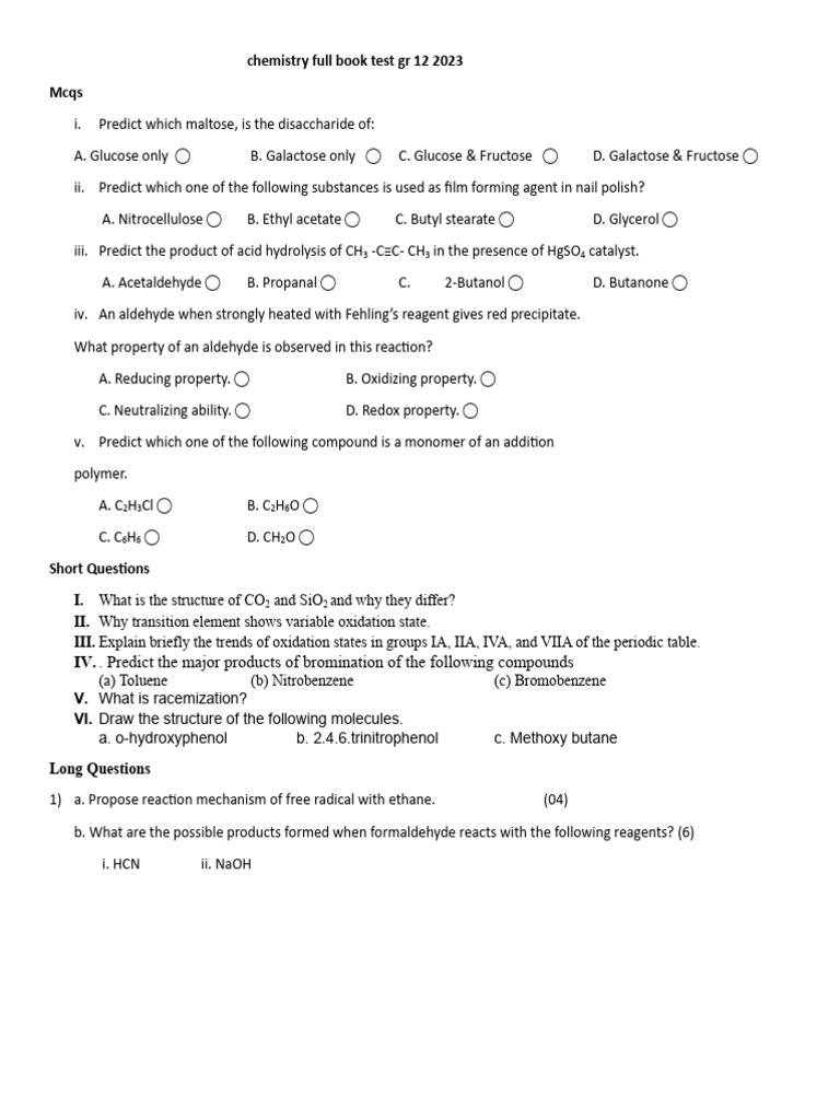 Grade 12 Chemistry Test MCQs & Questions | PDF