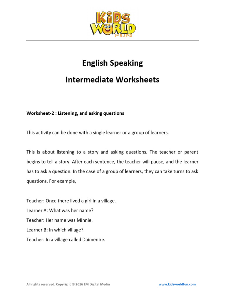 Speaking Worksheet 2 Intermediate Level | PDF