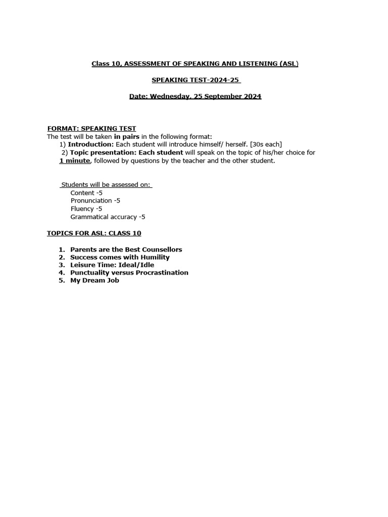 ASL Topics for Class 10 Speaking Test | PDF